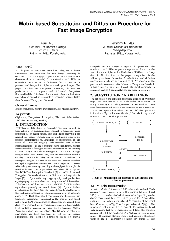 (PDF) Matrix based Substitution and Diffusion Procedure for Fast Image Encryption