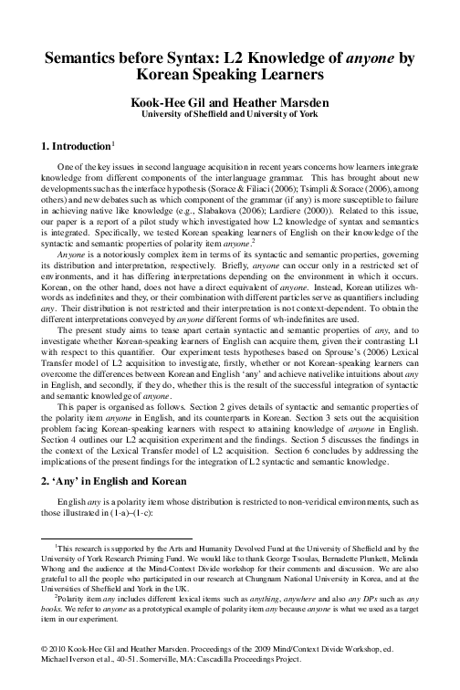 (PDF) Semantics before Syntax: L2 Knowledge of anyone by Korean Speaking Learners | Kook-Hee Gil ...