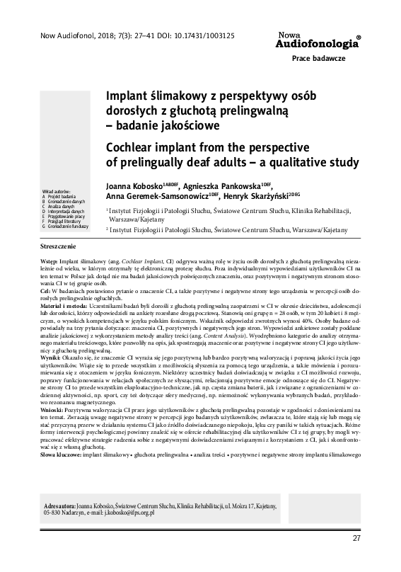 (PDF) Cochlear implant from the perspective of prelingually deaf adults – a qualitative study