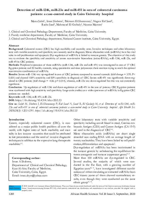 (PDF) Detection of miR-1246, miR-23a and miR-451 in sera of colorectal ...