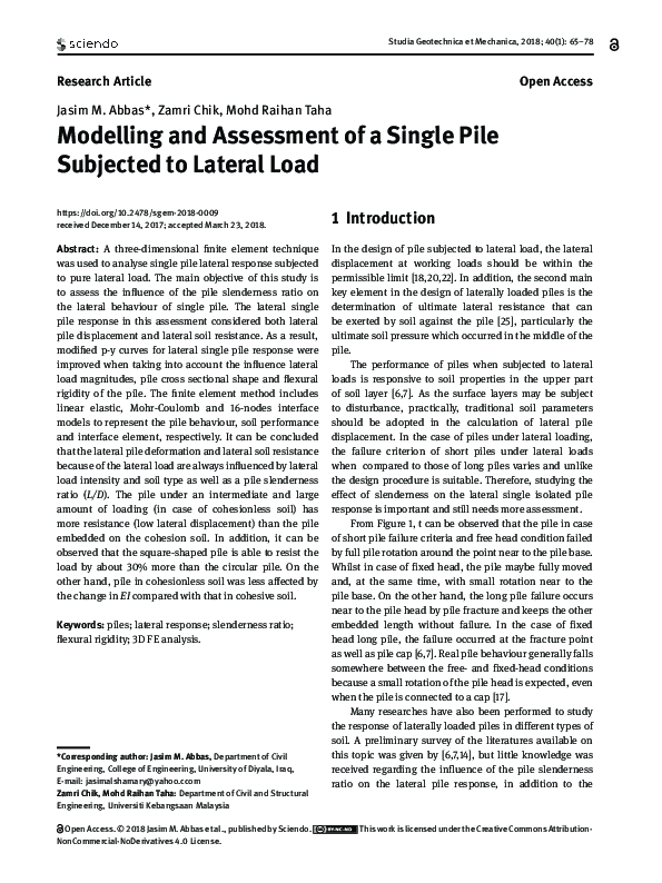 Pdf Modelling And Assessment Of A Single Pile Subjected To Lateral Load