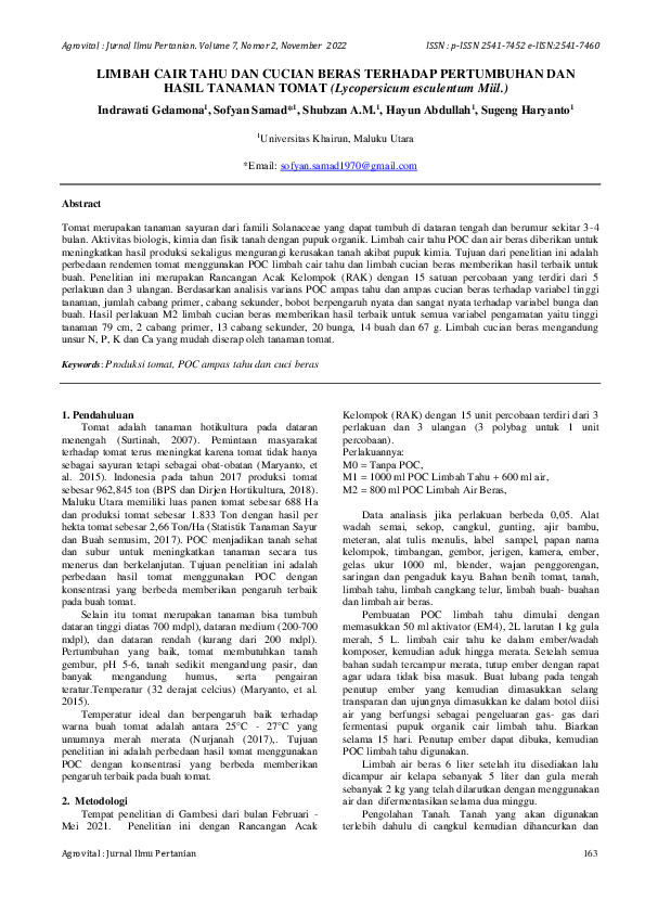 (PDF) LIMBAH CAIR TAHU DAN CUCIAN BERAS TERHADAP PERTUMBUHAN DAN HASIL TANAMAN TOMAT ...
