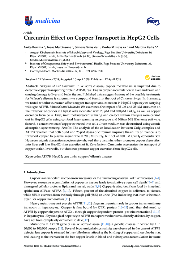 (PDF) Curcumin Effect on Copper Transport in HepG2 Cells