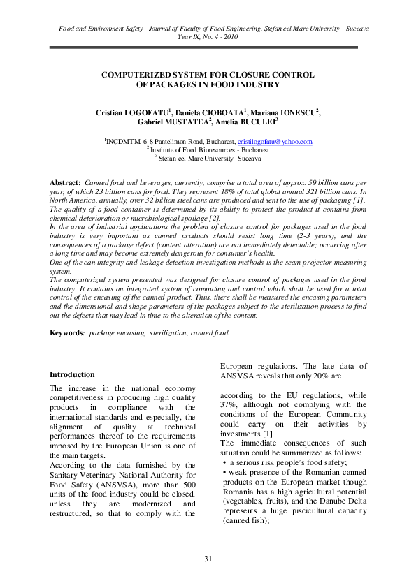 (PDF) Computerized System for Closure Control of Packages in Food Industry