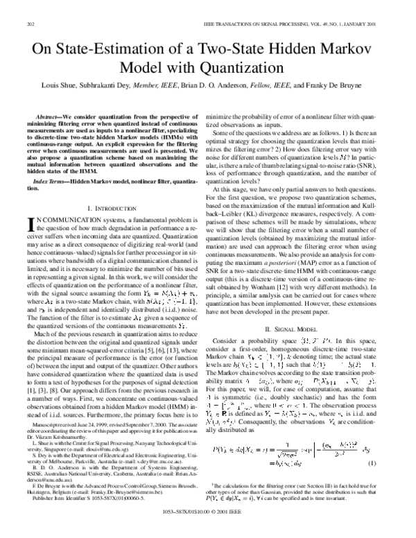 (PDF) On state-estimation of a two-state hidden Markov model with quantization | Franky De ...