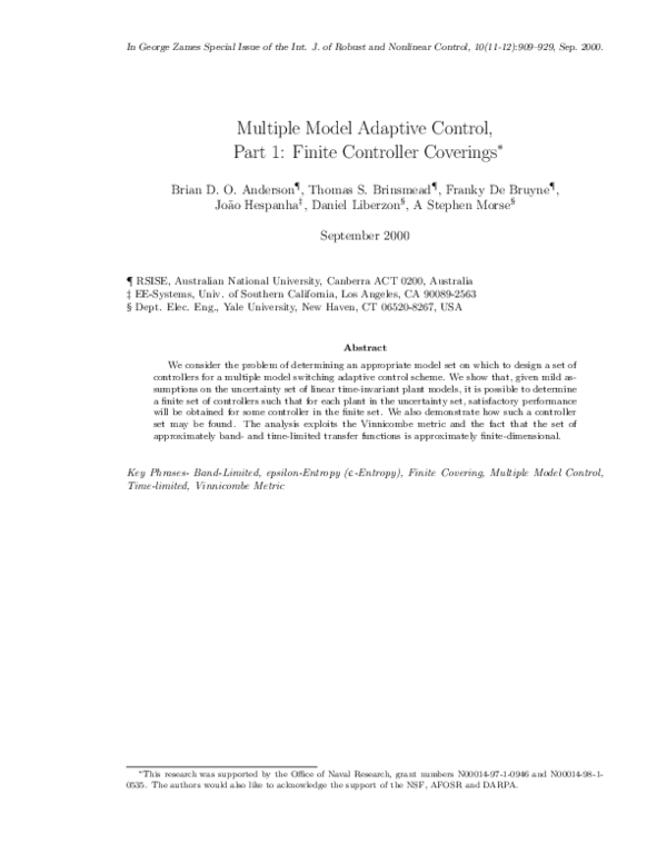 (PDF) Multiple model adaptive control. Part 1: Finite controller coverings