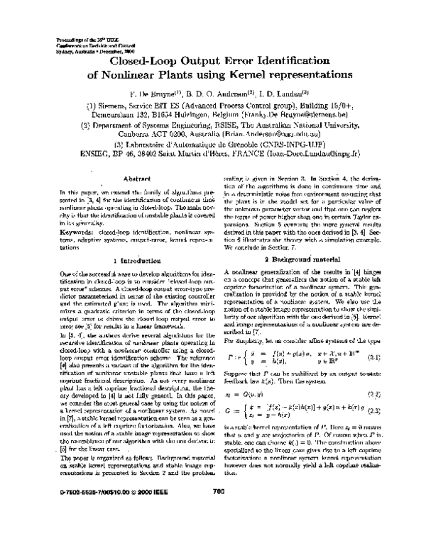 (PDF) Closed-loop output error identification of nonlinear plants using kernel representations
