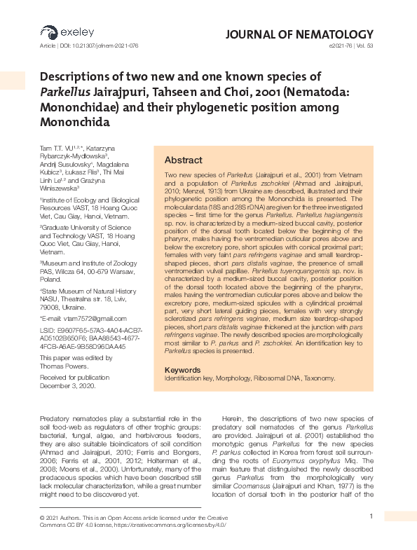 (PDF) Descriptions of two new and one known species of Parkellus ...