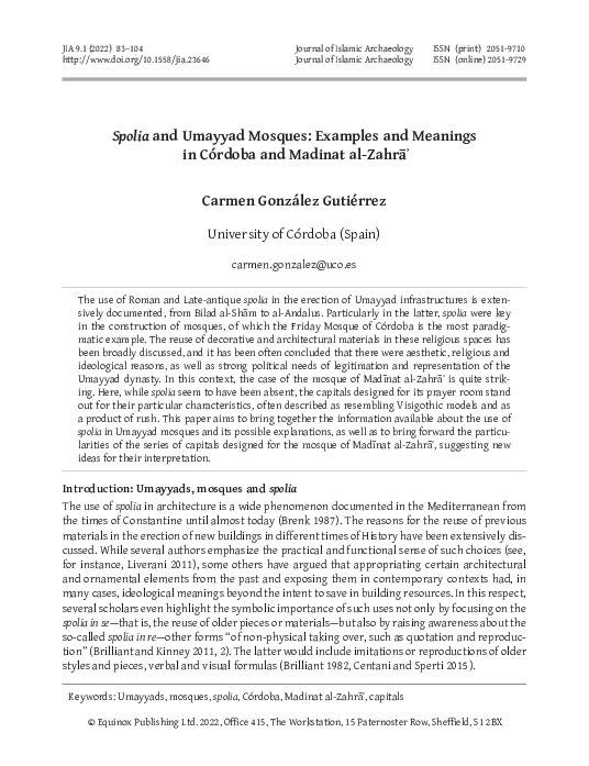 (PDF) Spolia and Umayyad Mosques: Examples and Meanings in Córdoba and ...