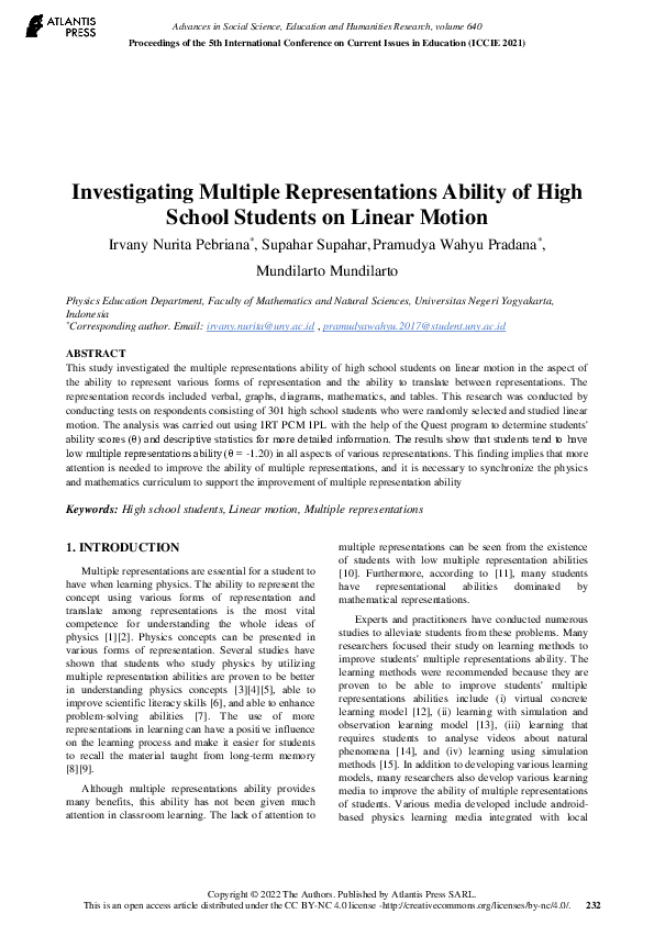 (PDF) Investigating Multiple Representations Ability of High School Students on Linear Motion