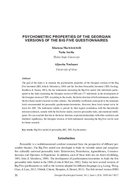 Psychometric Properties of the Georgian Versions of the Big Five Questionnaires