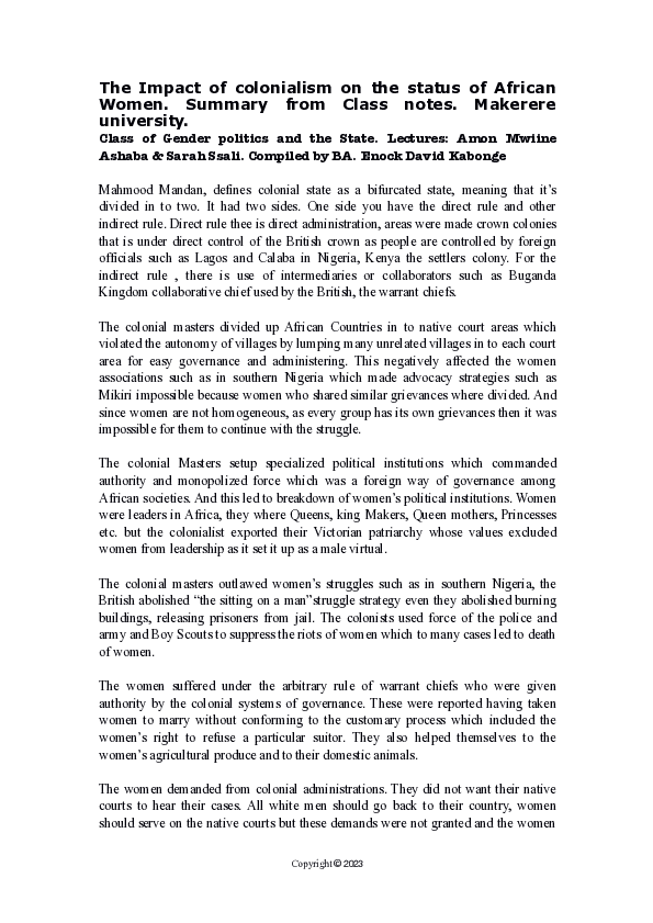 (PDF) The Impact of colonialism on the status of African Women. Summary ...