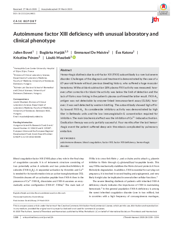 (PDF) Autoimmune factor XIII deficiency with unusual laboratory and ...
