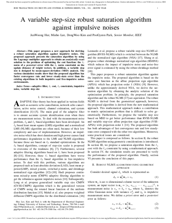 Pdf A Variable Step Size Robust Saturation Algorithm Against Impulsive Noises