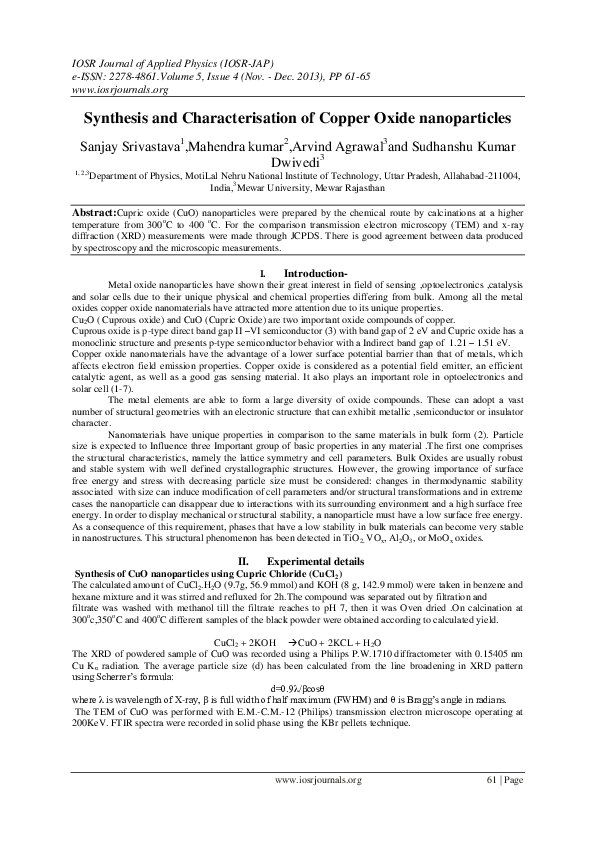 (PDF) Synthesis and Characterisation of Copper Oxide nanoparticles