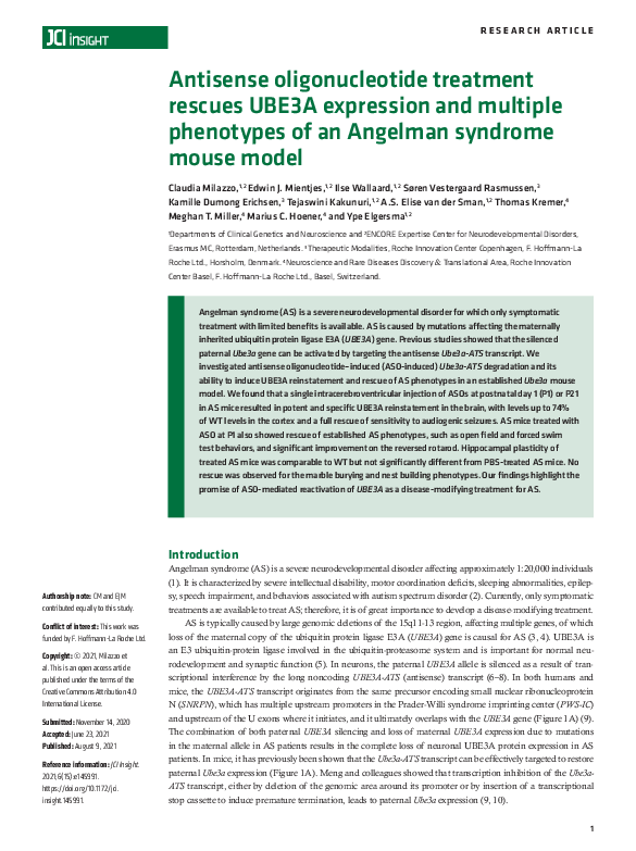 (PDF) Antisense oligonucleotide treatment rescues UBE3A expression and ...