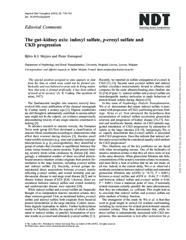 (PDF) The gut-kidney axis: indoxyl sulfate, p-cresyl sulfate and CKD ...