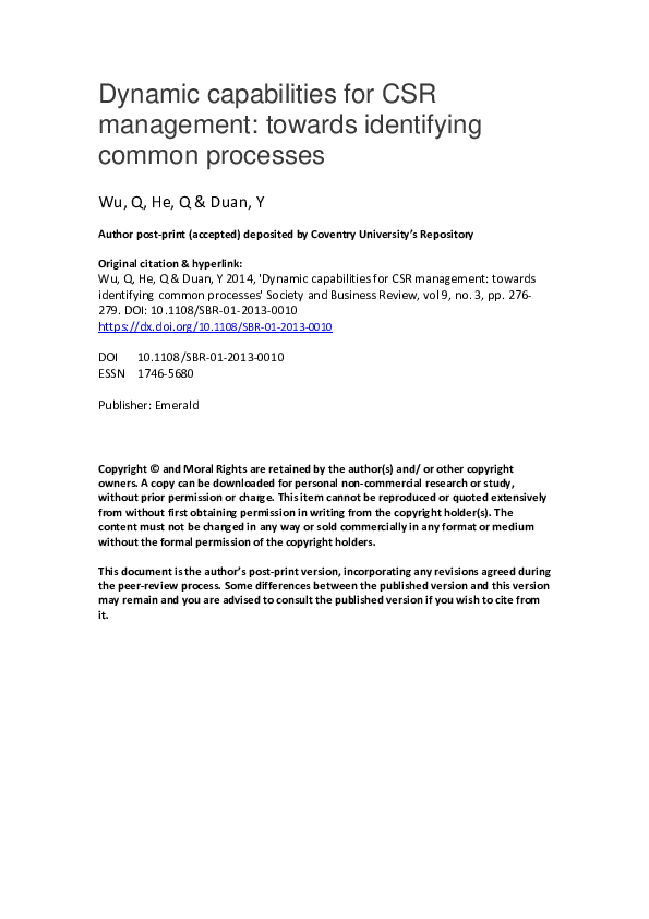 (PDF) Dynamic capabilities for CSR management: towards identifying common processes