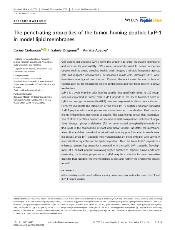 (PDF) The penetrating properties of the tumor homing peptide LyP‐1 in model lipid membranes ...