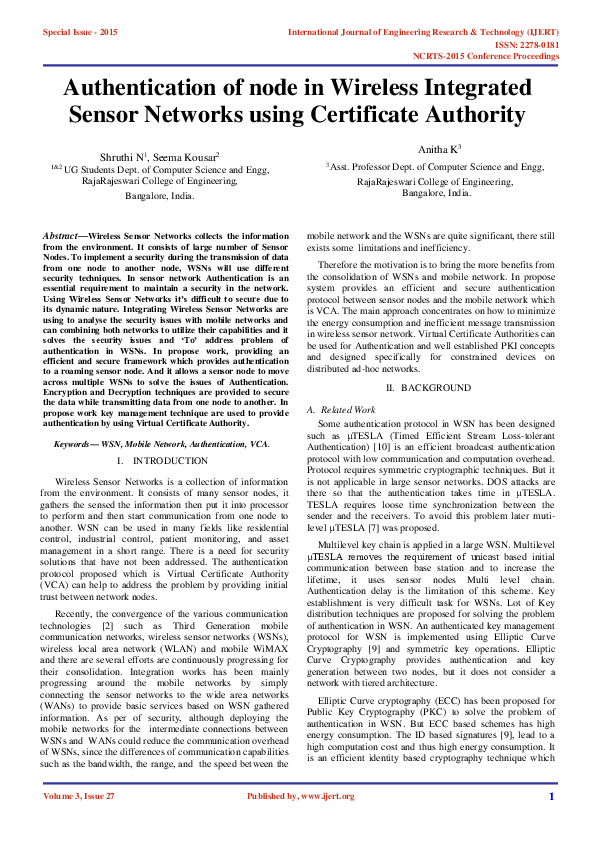 (PDF) Authentication of node in Wireless Integrated Sensor Networks using Certificate Authority
