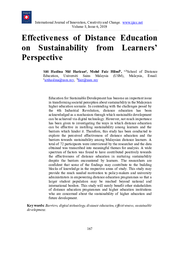 (PDF) Effectiveness of Distance Education on Sustainability from Learners’ Perspective