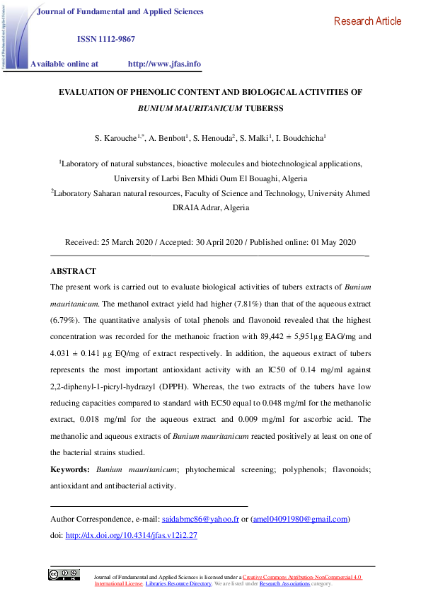 (PDF) Evaluation of phenolic content and biological activities of Bunium mauritanicum tuberss ...