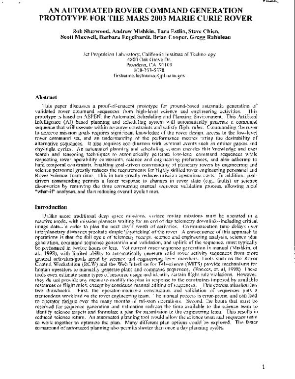 (PDF) An Automated Rover Command Generation Prototype for the Mars 2003 Marie Curie Rover