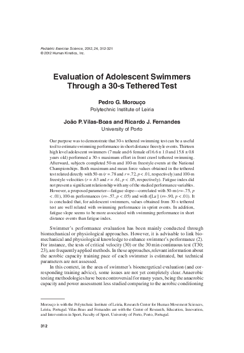 (PDF) Evaluation of Adolescent Swimmers Through a 30-s Tethered Test