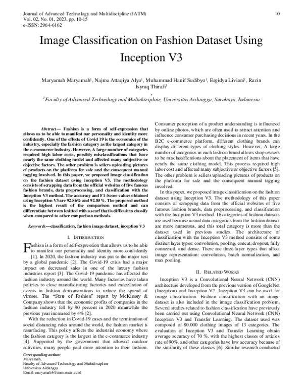 (PDF) Image Classification on Fashion Dataset Using Inception V3