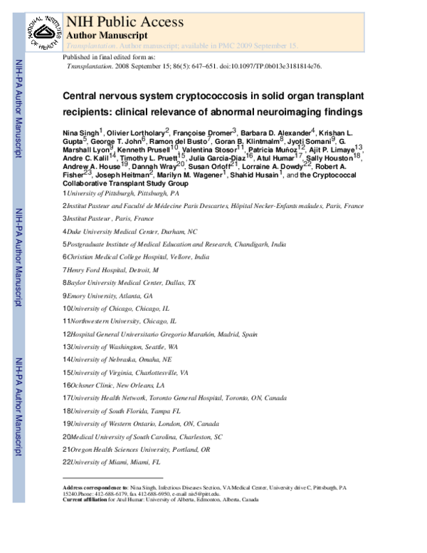 (PDF) Central Nervous System Cryptococcosis in Solid Organ Transplant ...