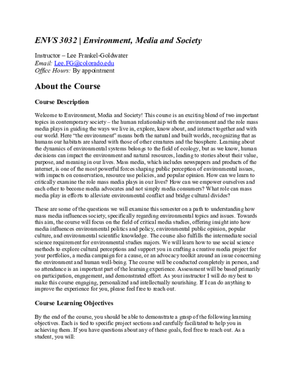 (PDF) Environment, Media and Society (ENVS 3032) - Syllabus, Spring 2023