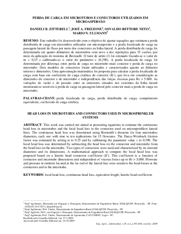 (PDF) Perda de carga em microtubos e conectores utilizados em microaspersão