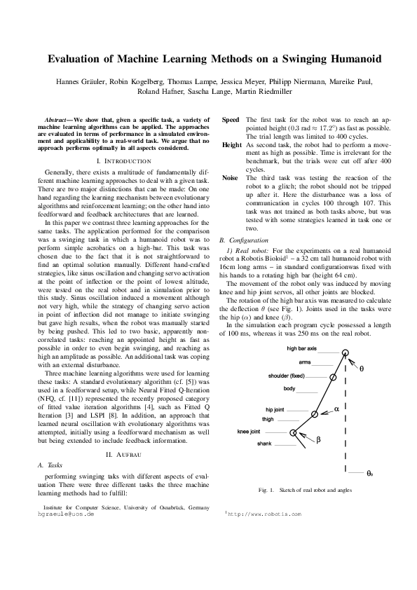 (PDF) Evaluation of Machine Learning Methods on a Swinging Humanoid