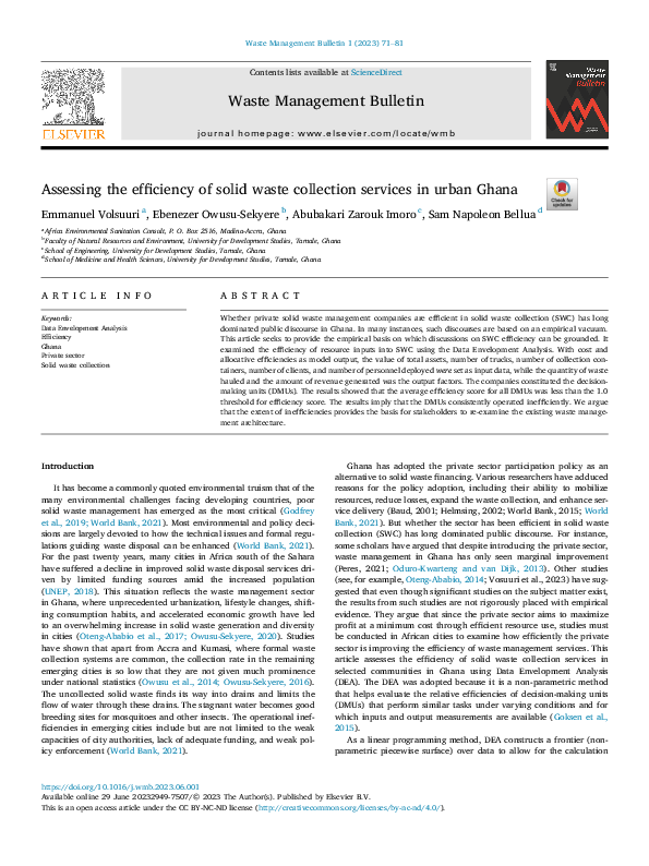 (PDF) Assessing the efficiency of solid waste collection services in ...