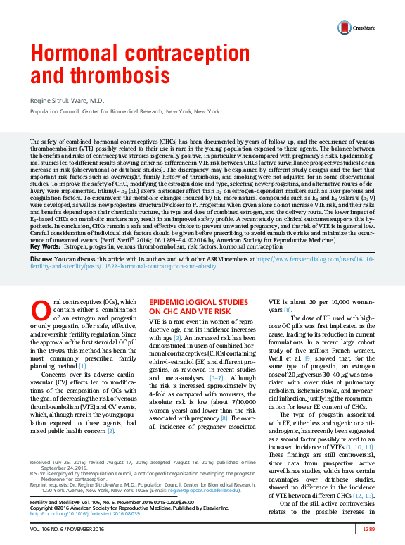 (PDF) Hormonal contraception and thrombosis
