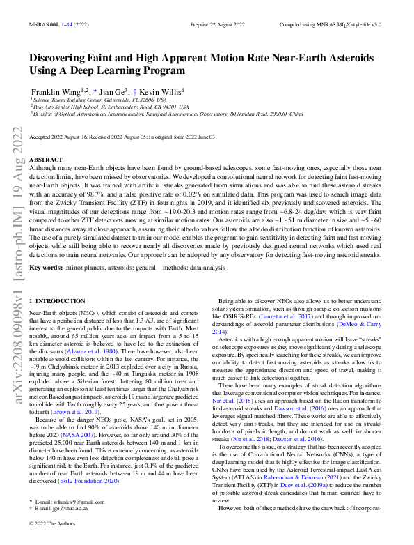 (PDF) Discovering faint and high apparent motion rate near-Earth asteroids using a deep learning ...