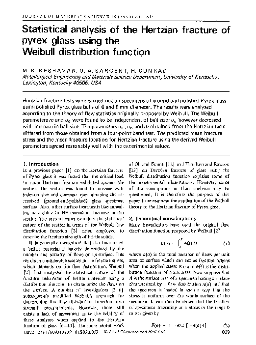 (PDF) Statistical analysis of the Hertzian fracture of pyrex glass using the Weibull ...