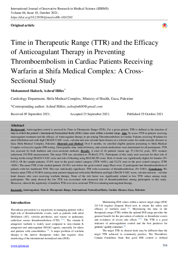 (PDF) Time in Therapeutic Range (TTR) and the Efficacy of Anticoagulant ...