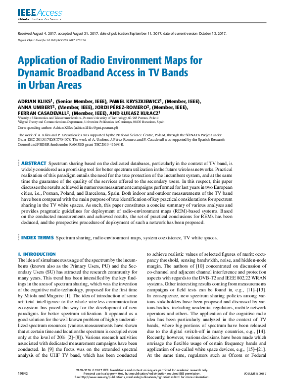 Pdf Application Of Radio Environment Maps For Dynamic Broadband Access In Tv Bands In Urban Areas