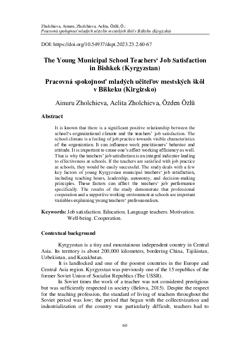 (PDF) The Young Municipal School Teachers‘ Job Satisfaction in Bishkek (Kyrgyzstan)