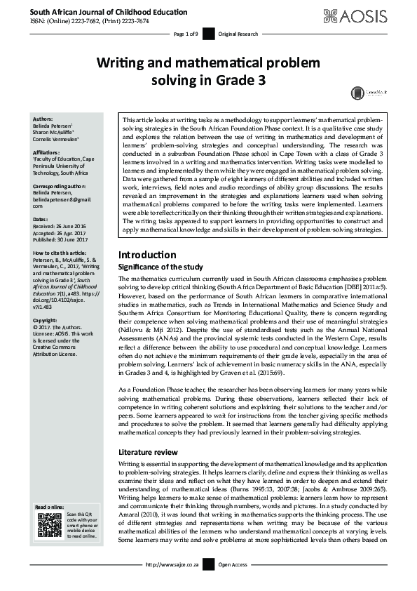 (PDF) Writing and mathematical problem solving in Grade 3
