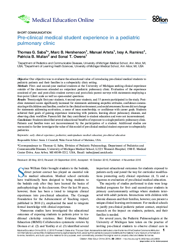 (PDF) Pre-clinical medical student experience in a pediatric pulmonary ...