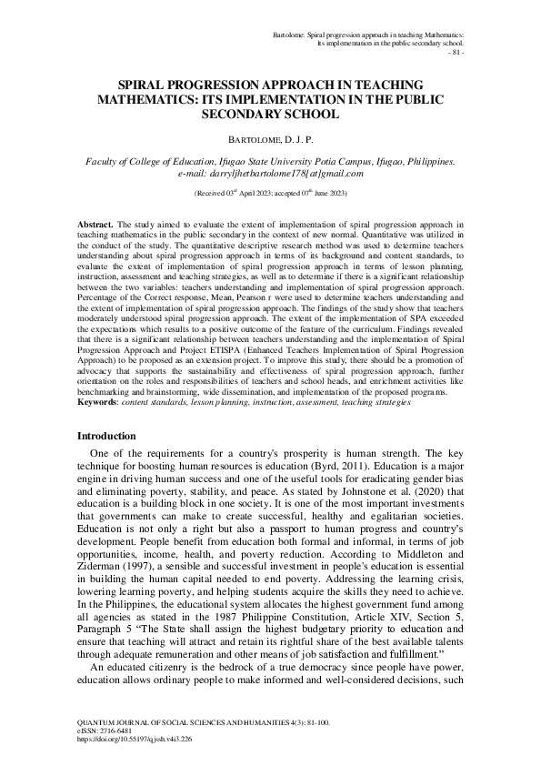 (PDF) Spiral Progression Approach in Teaching Mathematics: Its ...