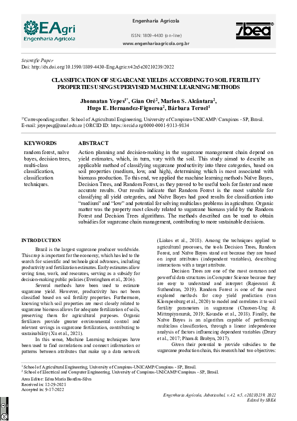 (PDF) Classification of Sugarcane Yields According to Soil Fertility Properties Using Supervised ...