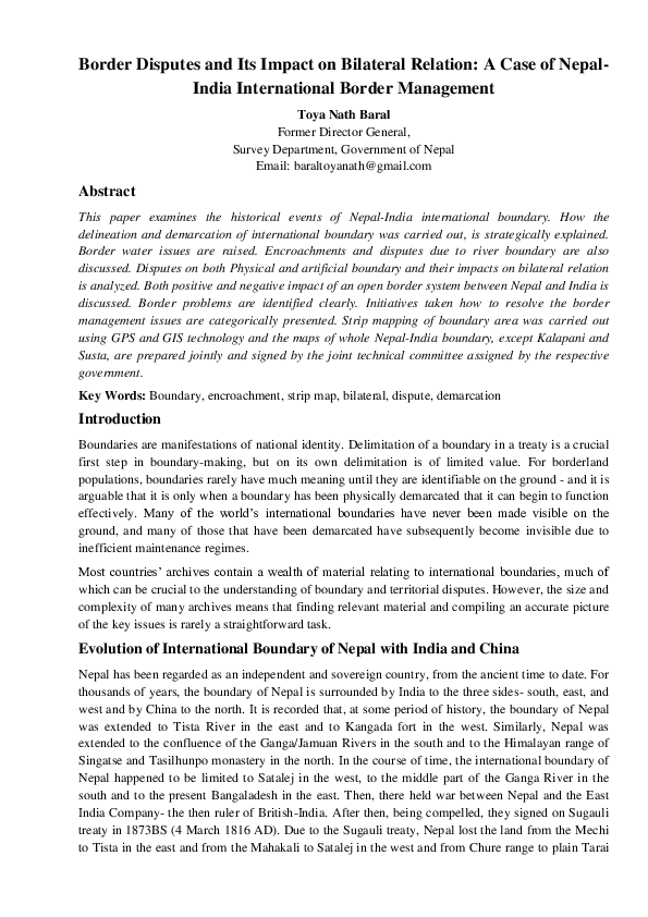 (PDF) Border Disputes and Its Impact on Bilateral Relation: A Case of ...