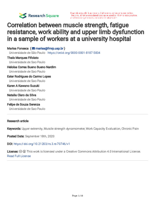 (PDF) Correlation between muscle strength, fatigue resistance, work ability and upper limb ...