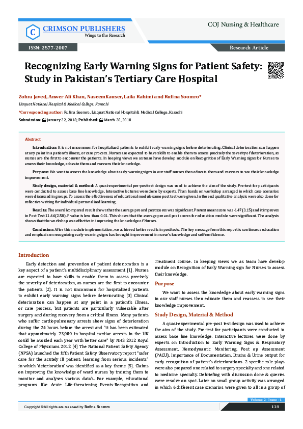 (PDF) Recognizing Early Warning Signs for Patient Safety: Study in ...
