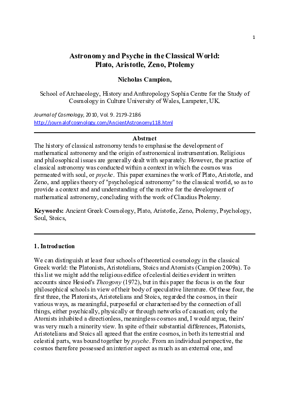 (PDF) Astronomy and Psyche in the Classical World: Plato, Aristotle ...