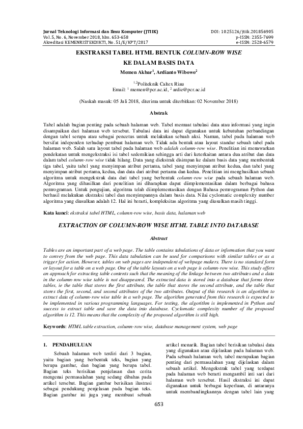 (PDF) Ekstraksi Tabel HTML Bentuk Column-Row Wise ke dalam Basis Data