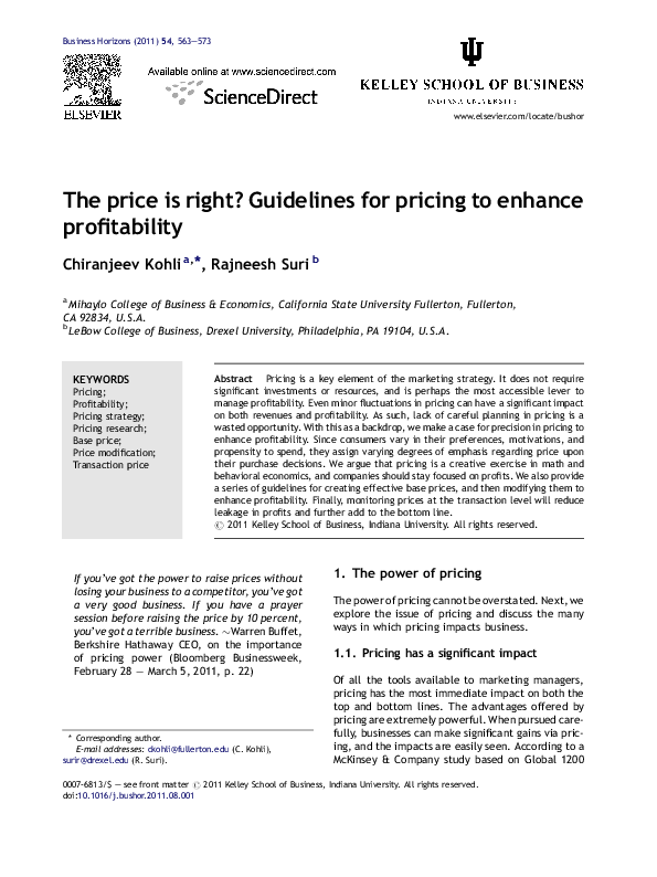 (PDF) The price is right? Guidelines for pricing to enhance profitability